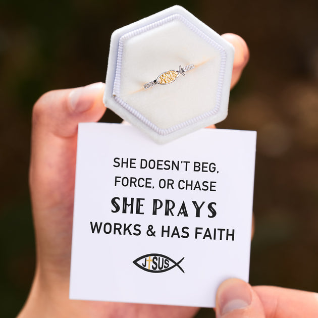 Ichthys Jesus Fish Ring - She Prays Works & Has Faith