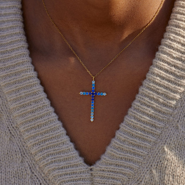 Gradient Dark Blue Cross Necklace For Women
