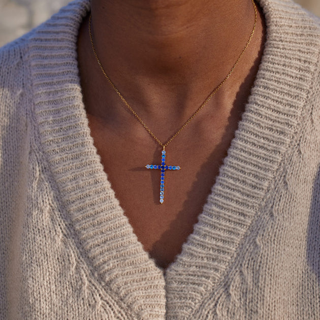 Bless This Little Girl Gradient Dark Blue Cross Necklace