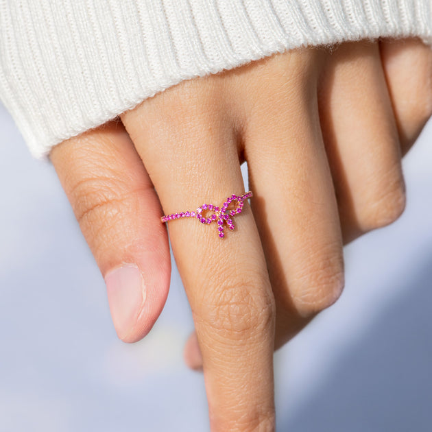 14K Solid Gold Pink Pavé Bow Ring-Gift For Women, Rings For Women