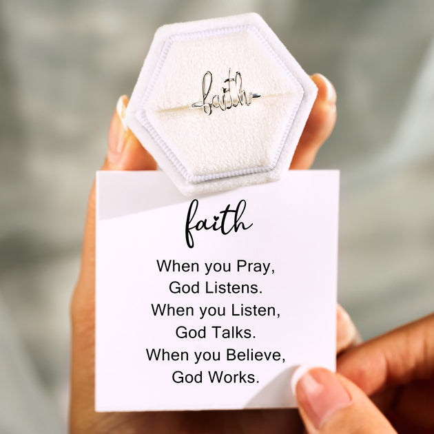 God Works Faith Cursive Letter Ring